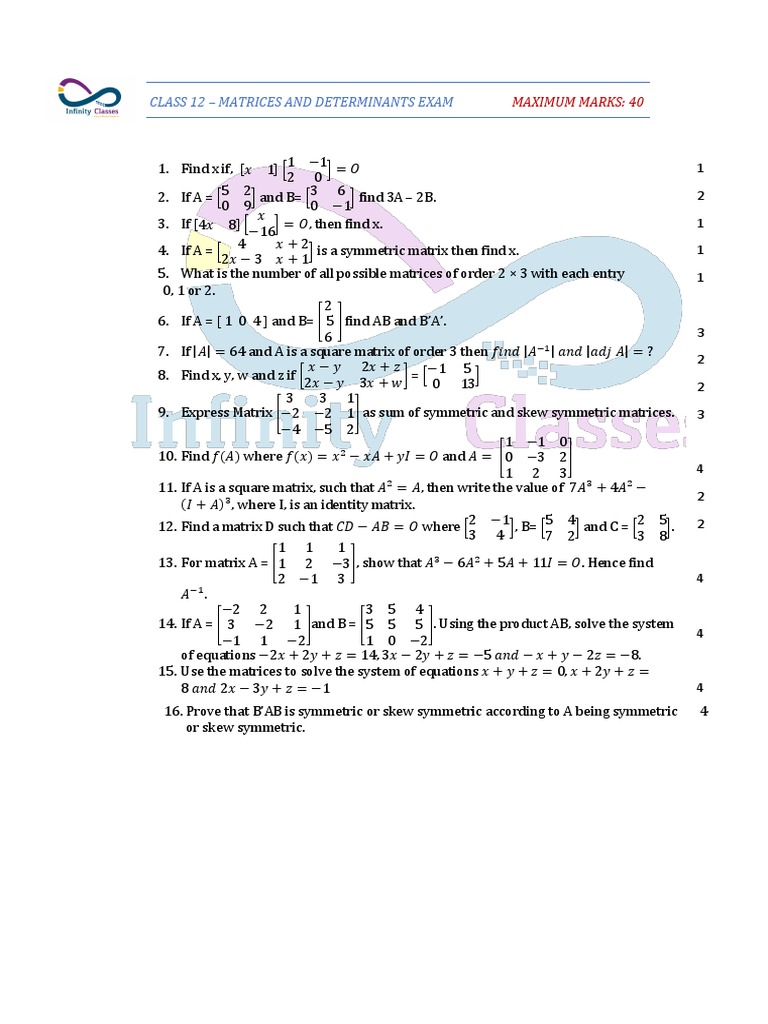 Class 12 MATRICES AND DETERMINANTS EXAM | PDF | Matrix (Mathematics) | Determinant