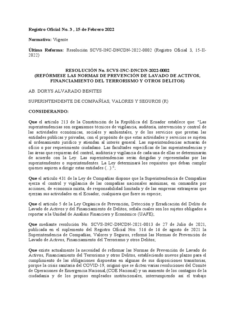 RESOLUCIÓN No. SCVS-INC-DNCDN-2022-0002 - NORMAS PLAFT Y OD | PDF | Auditoría | Seguro