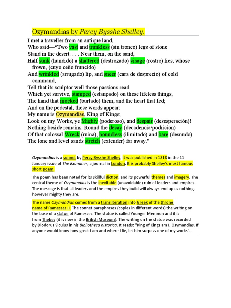 Ozymandias By: Percy Bysshe Shelley | PDF | Art | Classics