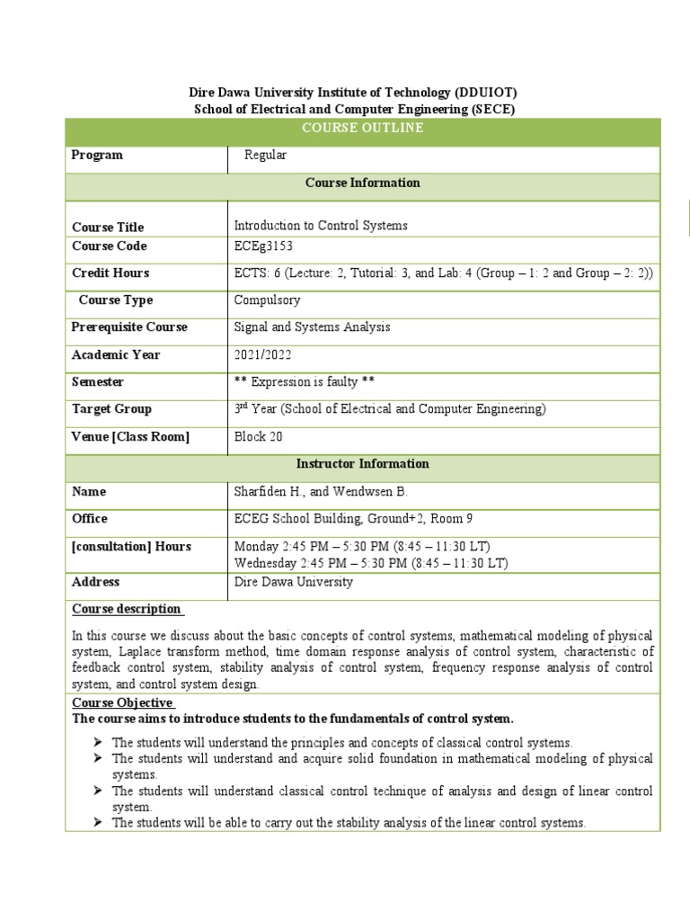Introduction To Control System Course Outline | PDF | Electrical ...