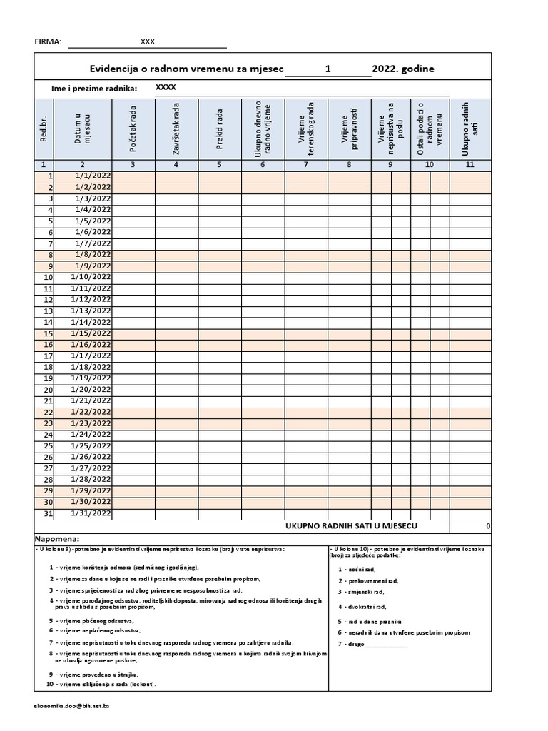 1.EVIDENCIJA RADNOG VREMENA (1) .XLSX 2022 | PDF