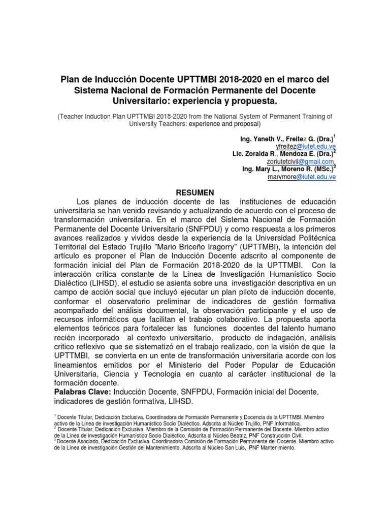Plan de Inducción Docente UPTTMBI 2018-2020 en El Marco Del Sistema ...