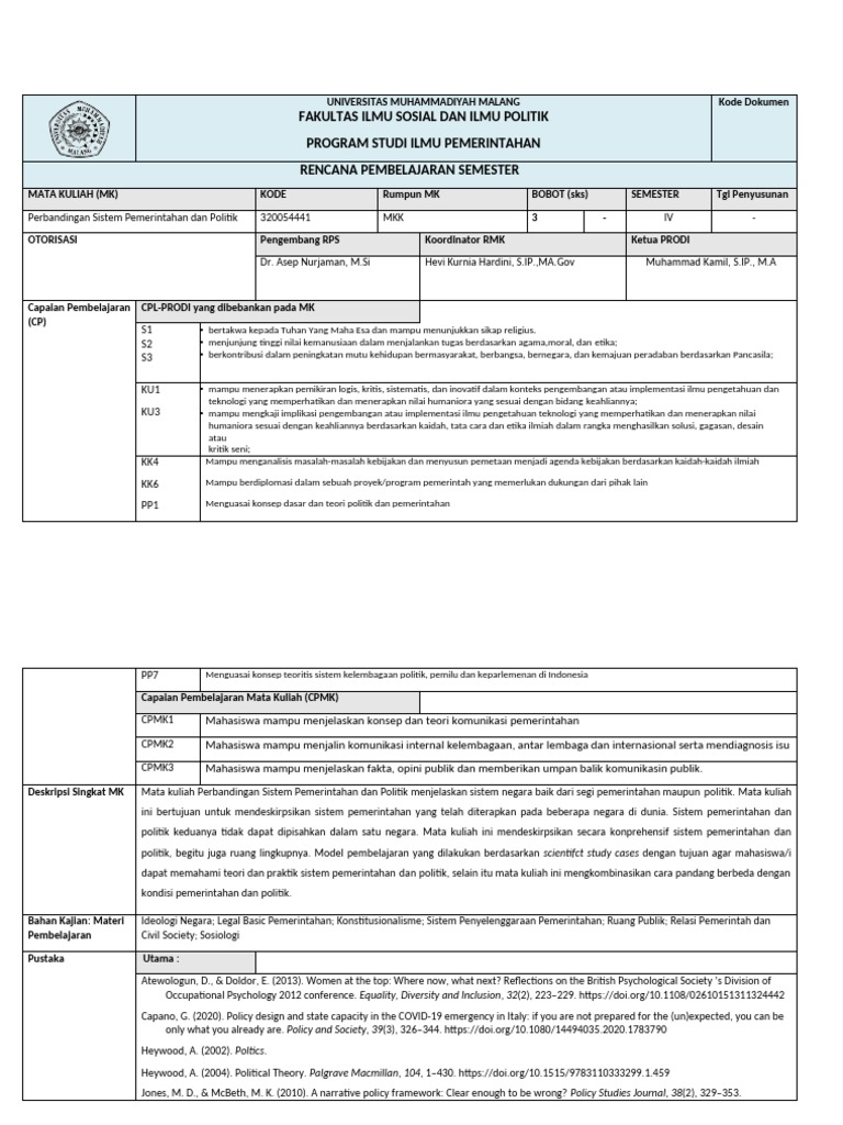 RPS Perbandingan Sistem Pemerintahan Dan Politik-Dikonversi | PDF