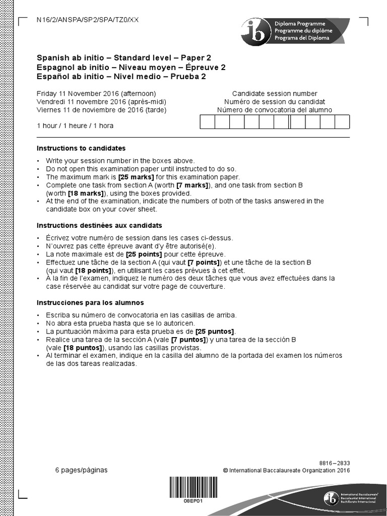 Spanish Ab Initio Paper 2 SL Spanish | PDF