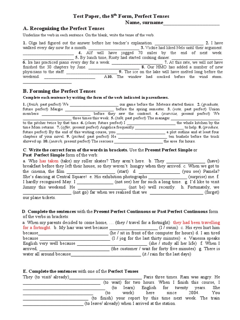 Form, Perfect Tenses Test | PDF | Linguistics | Cognitive Science