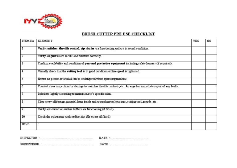Brush Cutter Pre Use Checklist | PDF