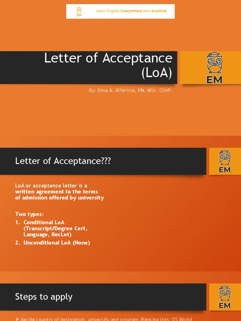 Letter of Acceptance (Loa) : By: Dina A. Alfarista, Rn. Msc. Clinp ...