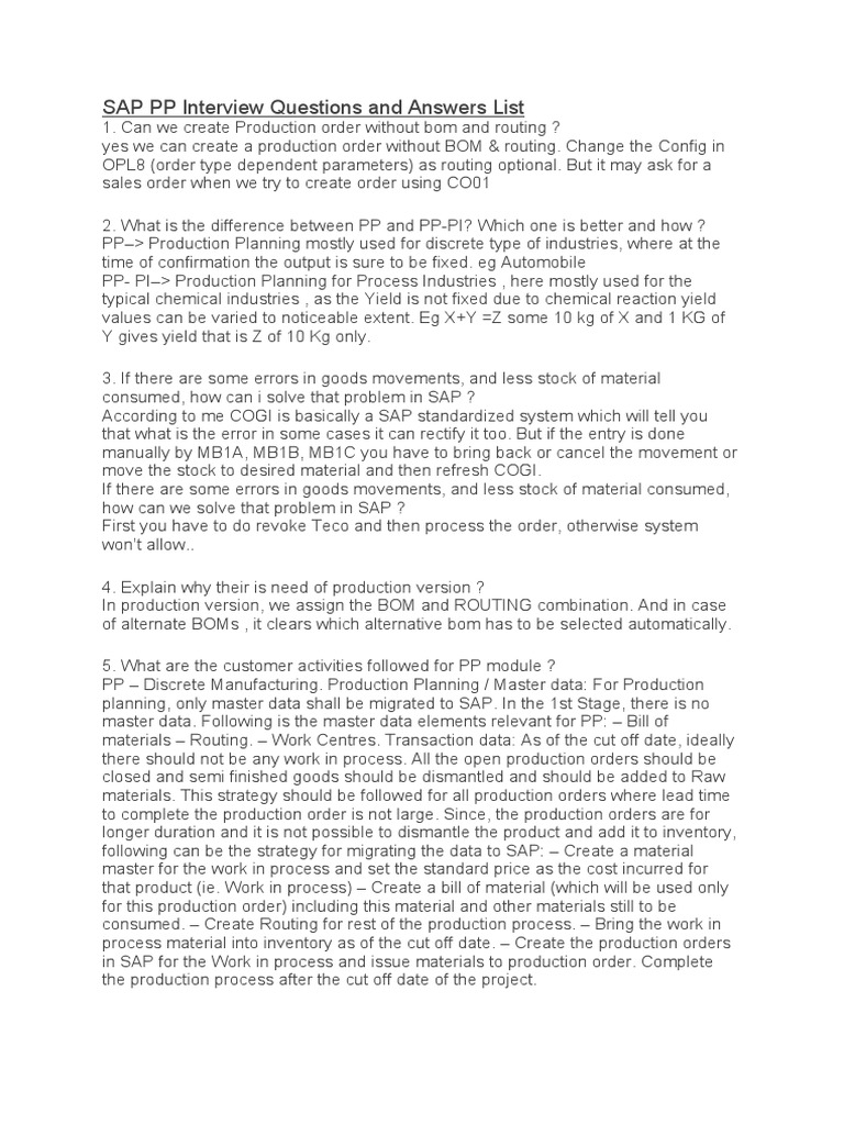 Sap PP Interview Questions | PDF | Product Lifecycle | Business