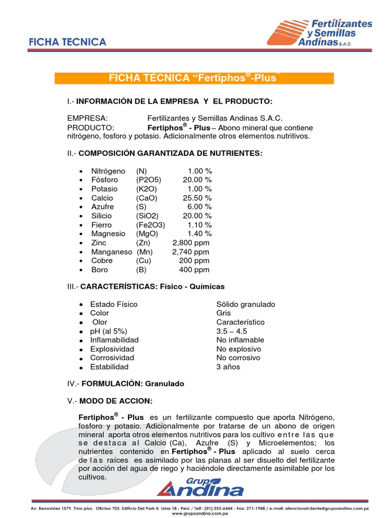 Ficha Tecnica Fertiphos Plus 2021 | PDF | Fertilizante | Química