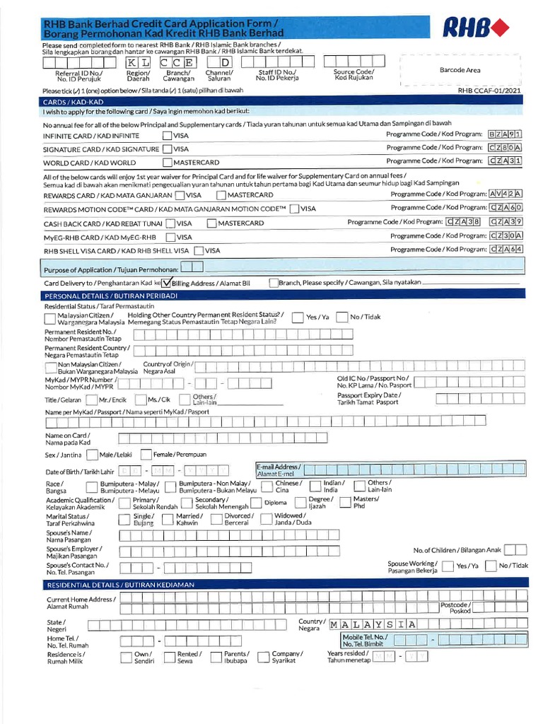 RHB Credit Card Application Form | PDF