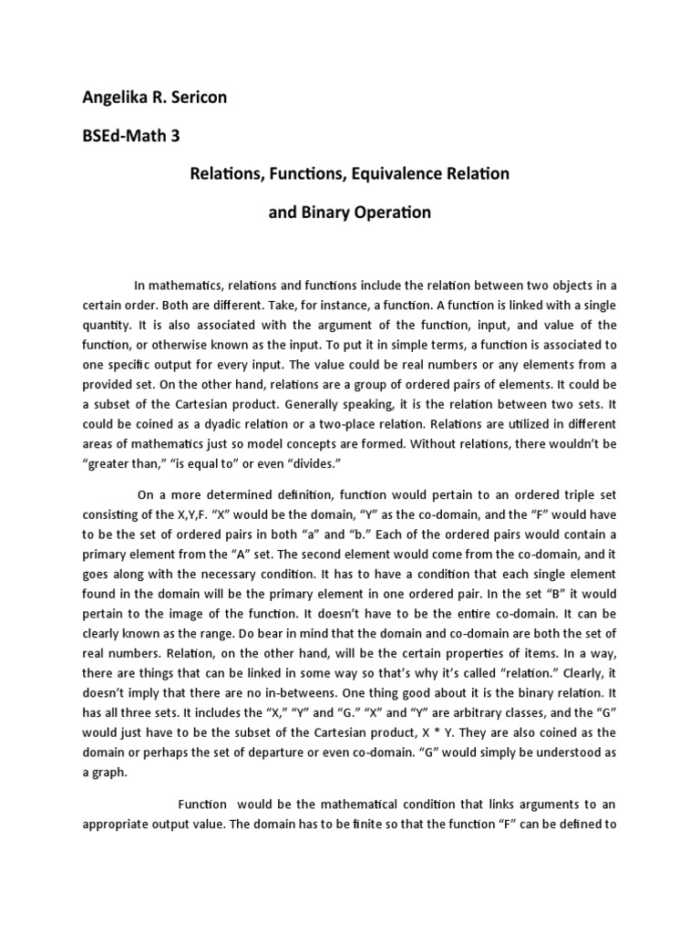 Relations, Functions, Equivalence Relation and Binary Operation | PDF | Function (Mathematics ...