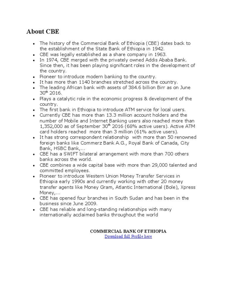 About CBE: Commercial Bank of Ethiopia | PDF | Payments | Banks