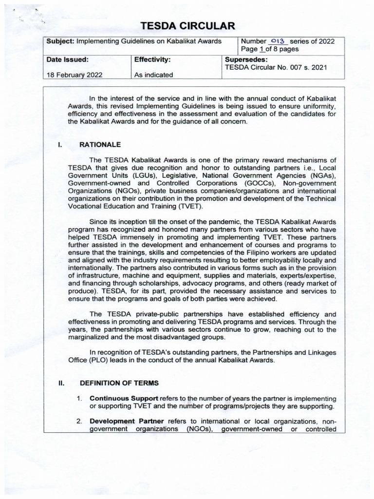 TESDA Circular No. 013-2022 | PDF | Employment
