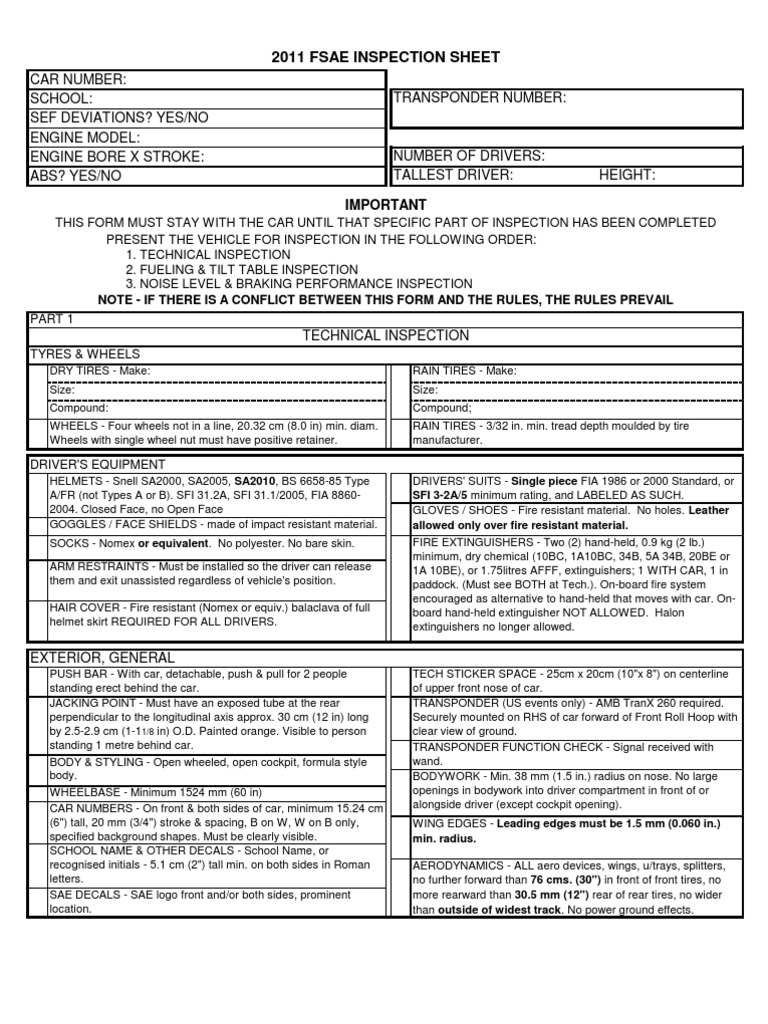 2011 Technical Inspection Sheet for Formula SAE Race Car | PDF ...