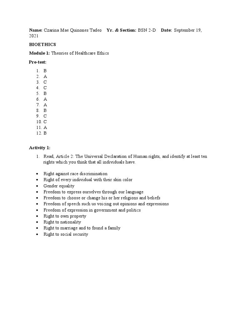 Bioethics Module 1 Theories of Healthcare Ethics Pre-test and ...