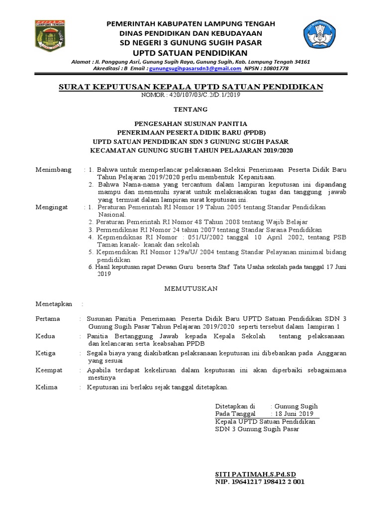 SK Penerimaan Siswa Baru | PDF