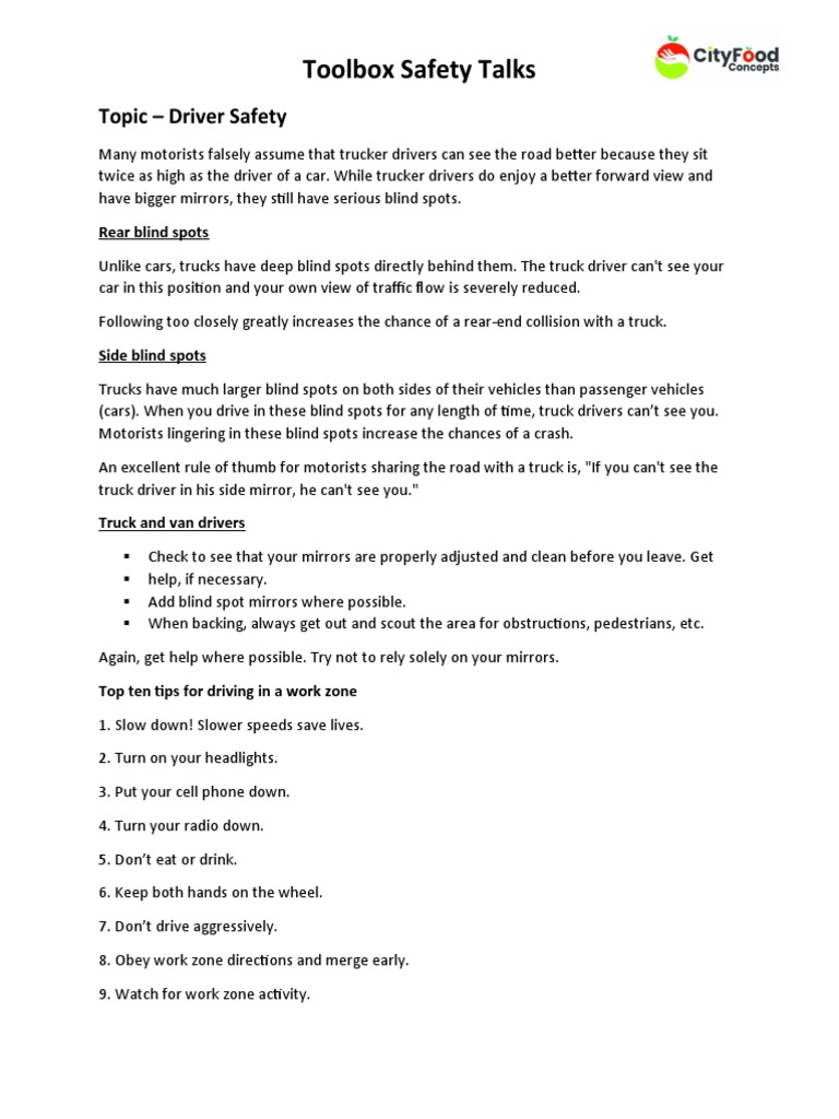 Toolbox Safety Talks - Driver Safety | PDF | Driving | Truck Driver