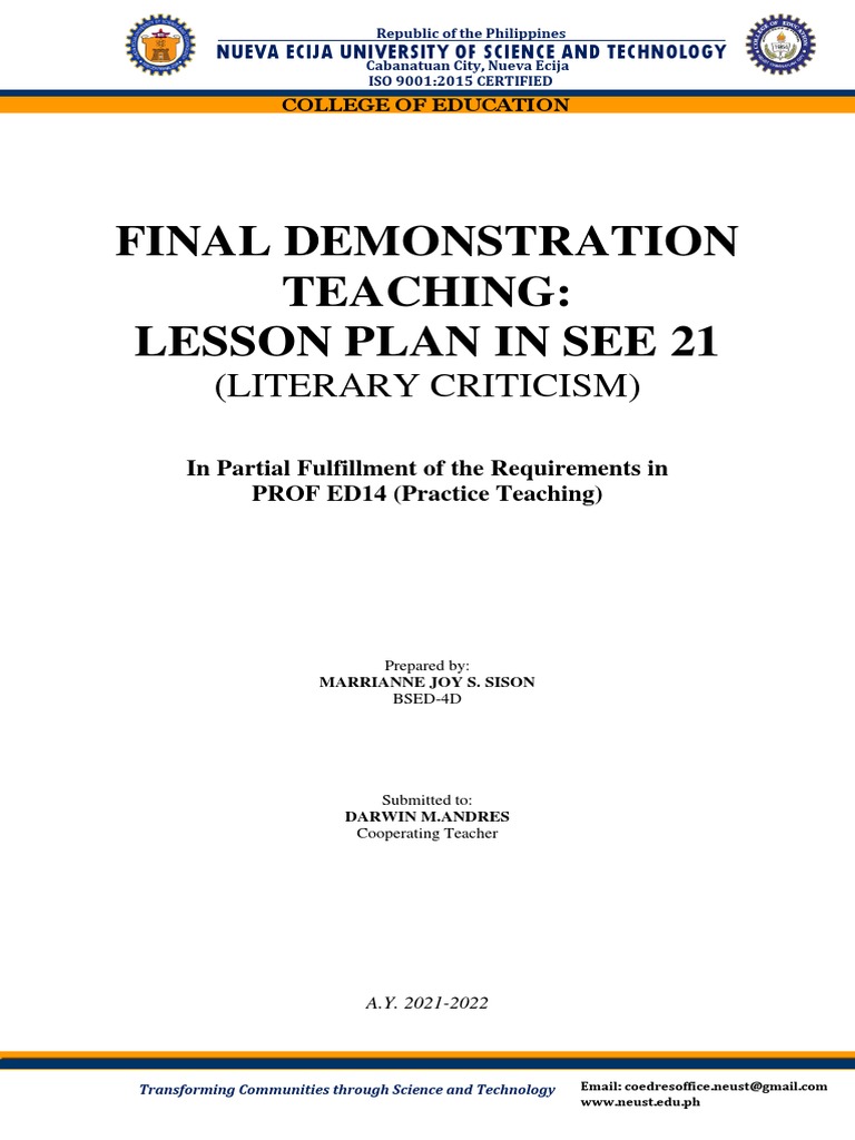 Final Demonstration Teaching: Lesson Plan in See 21: (Literary ...