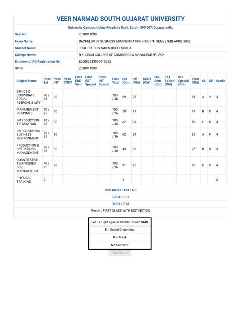 Veer Narmad South Gujarat University: Print Result | PDF