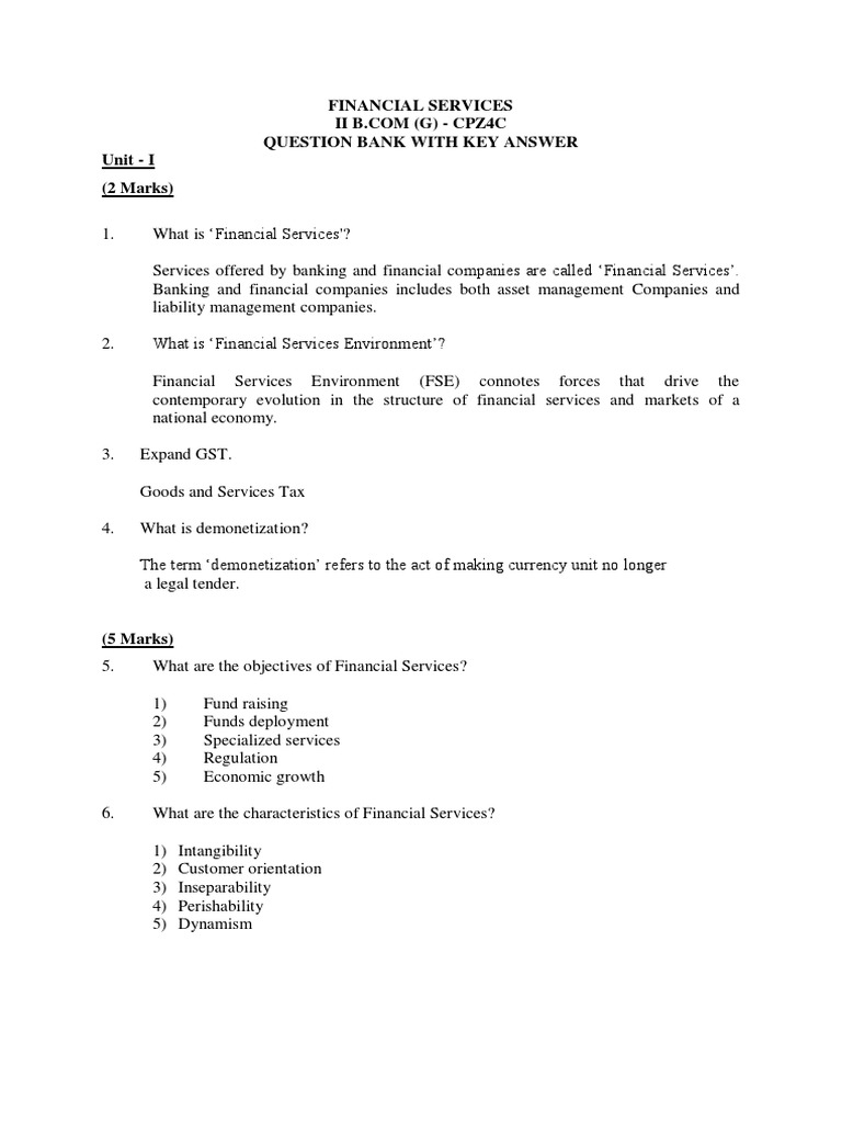 Financial Services Question Bank With Key Answer Unit - I (2 Marks ...