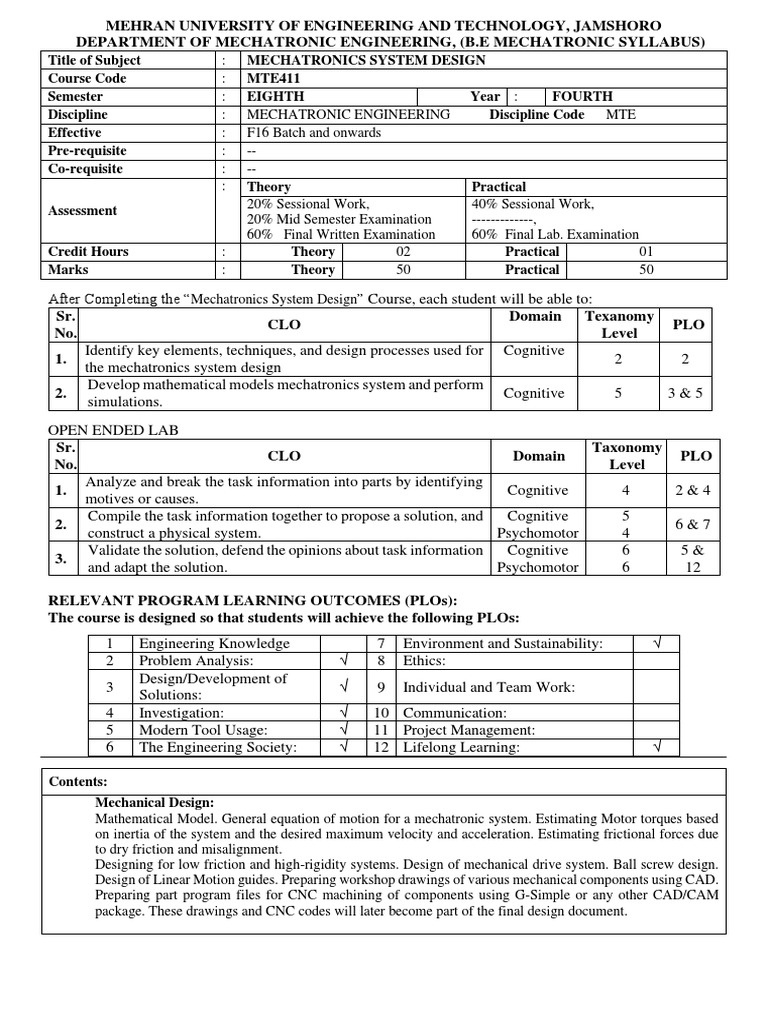 MSD Introduction To Syllabus | PDF | Mechatronics | Engineering