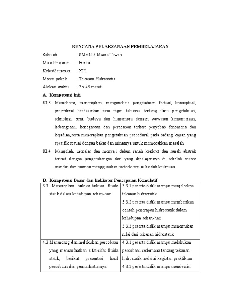 RPP Tekanan Hidrostatis | PDF