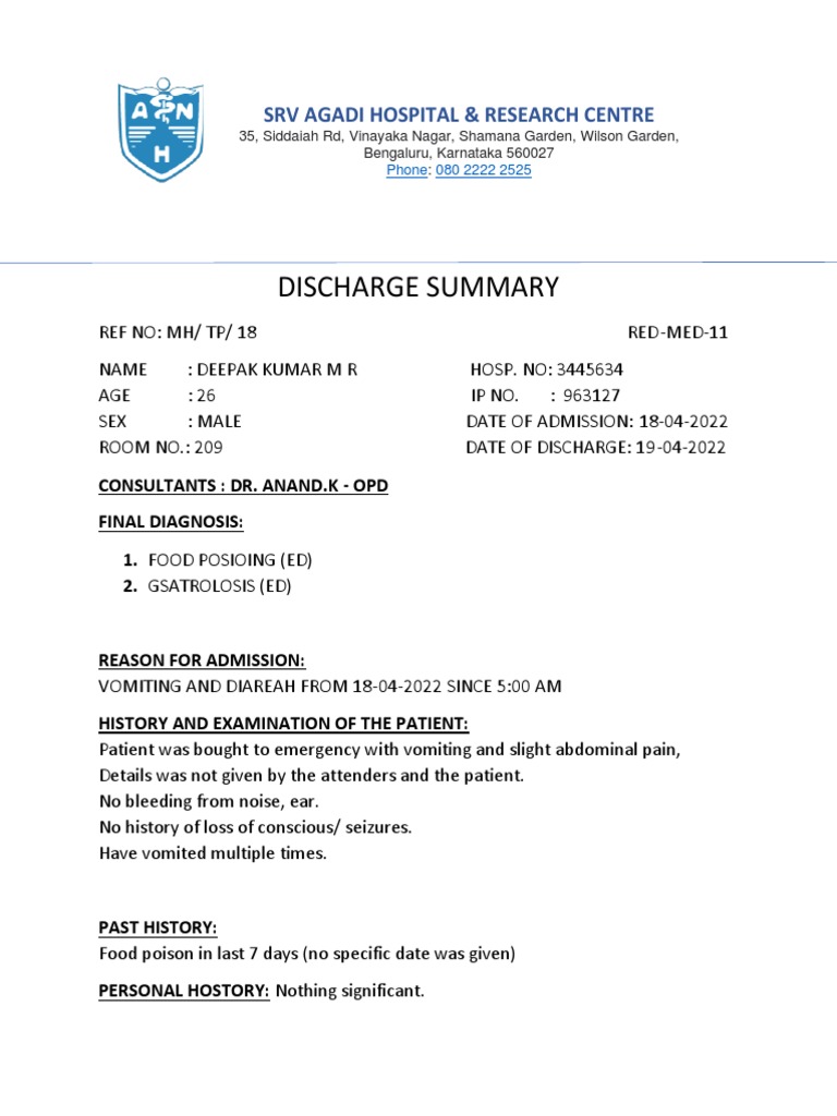 Discharge Summary: SRV Agadi Hospital & Research Centre | PDF | Health ...