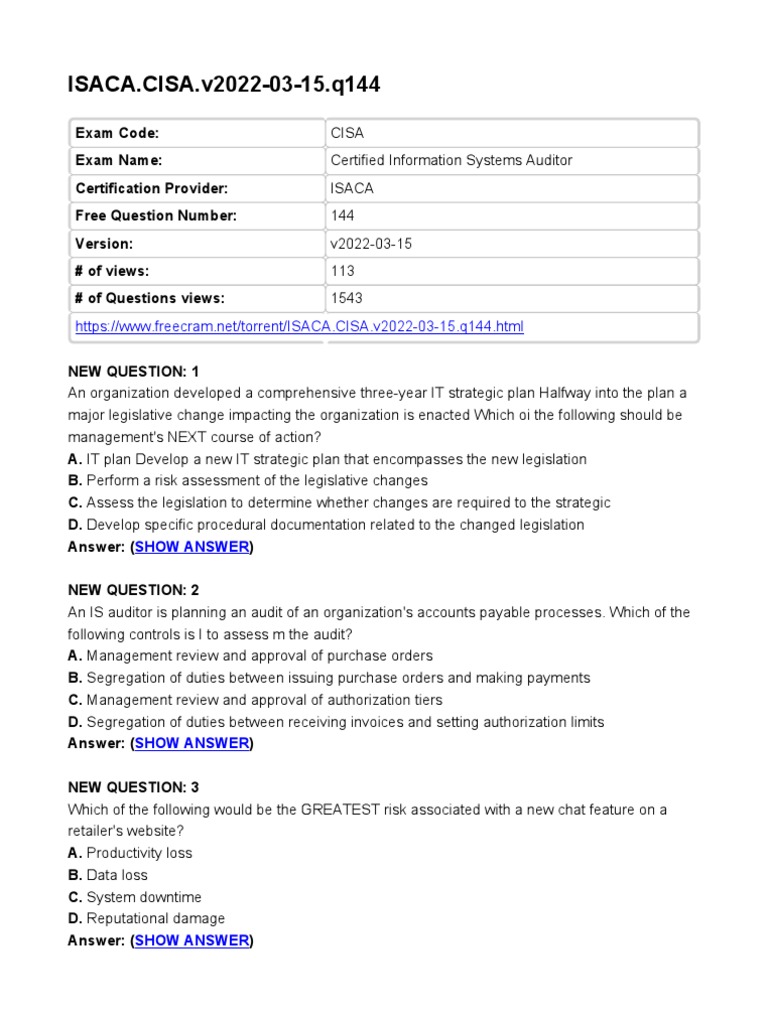 ISACA - CISA.v2022-03-15.q144: Show Answer | PDF | Audit | Information ...