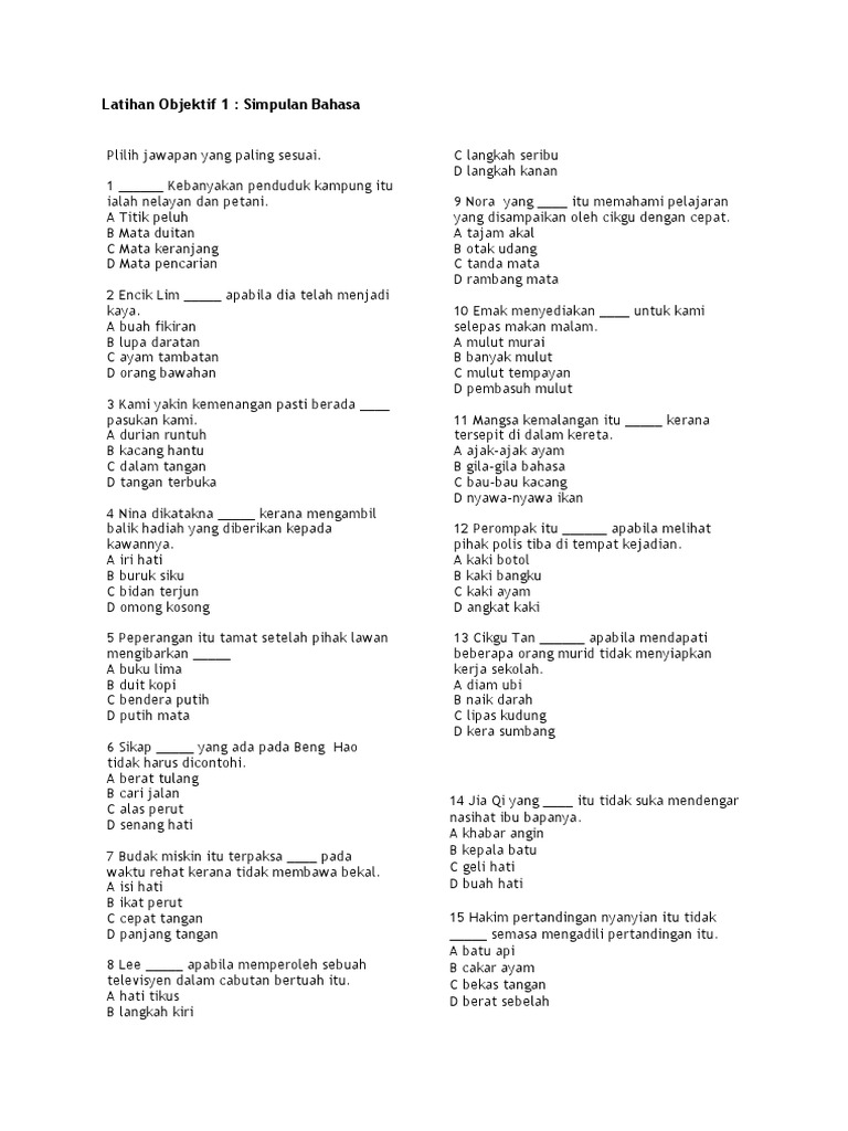 Latihan Objektif 1 Simpulan Bahasa | PDF