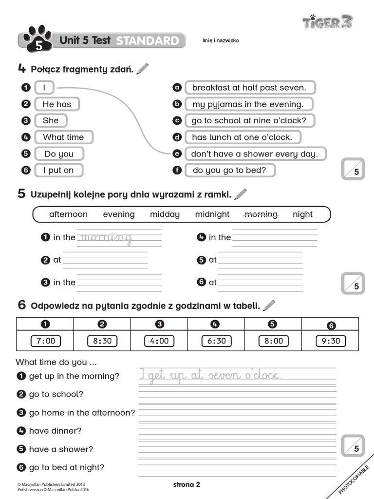 Tiger 3 Unit 5 Test STANDARD-strony-2 | PDF | Meal | Dinner