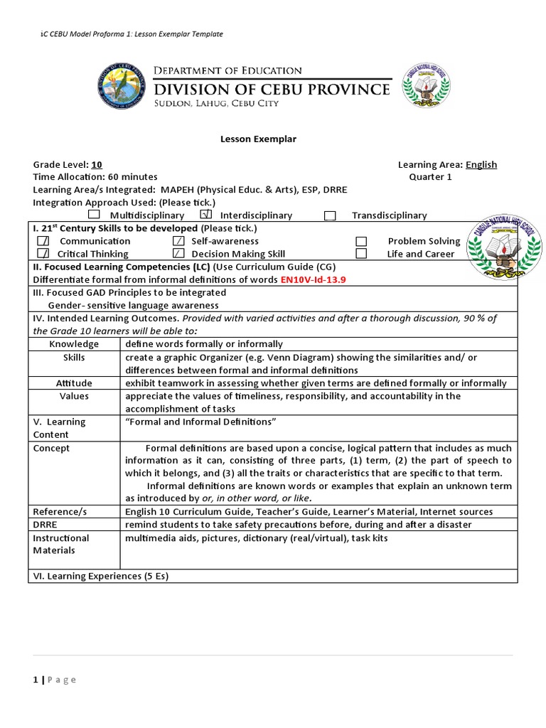 Lesson Exemplar: The Grade 10 Learners Will Be Able To | PDF | Learning ...
