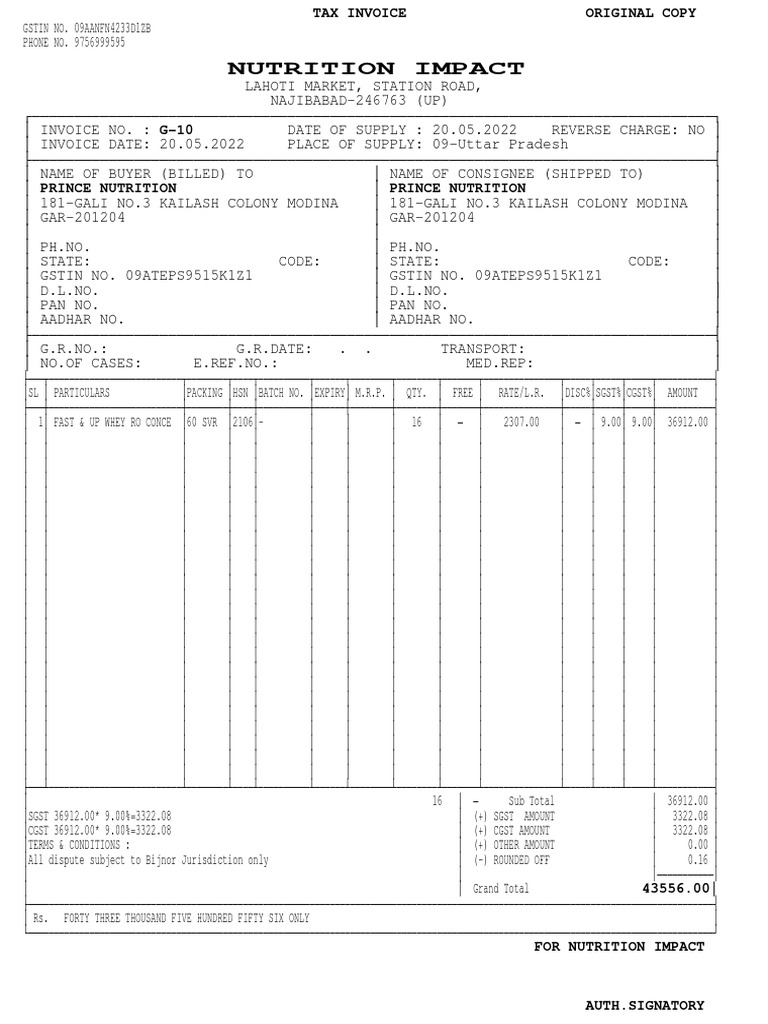 Prince Nutrition Return Bill | PDF