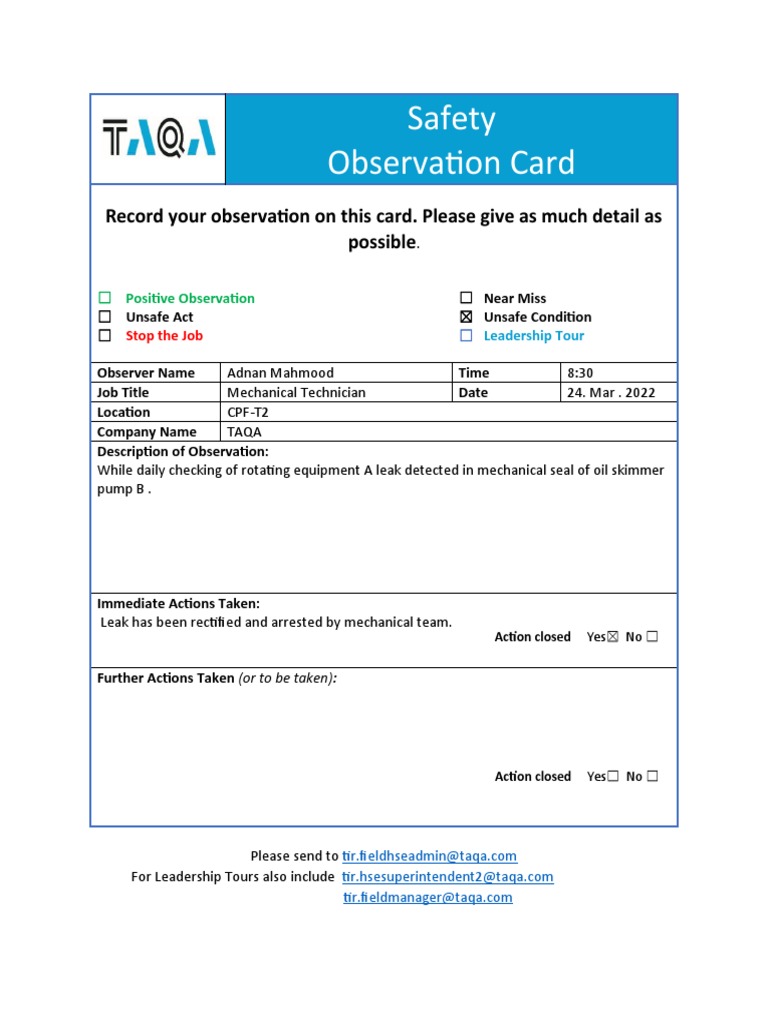 Safety Observation Card: Record Your Observation On This Card. Please ...
