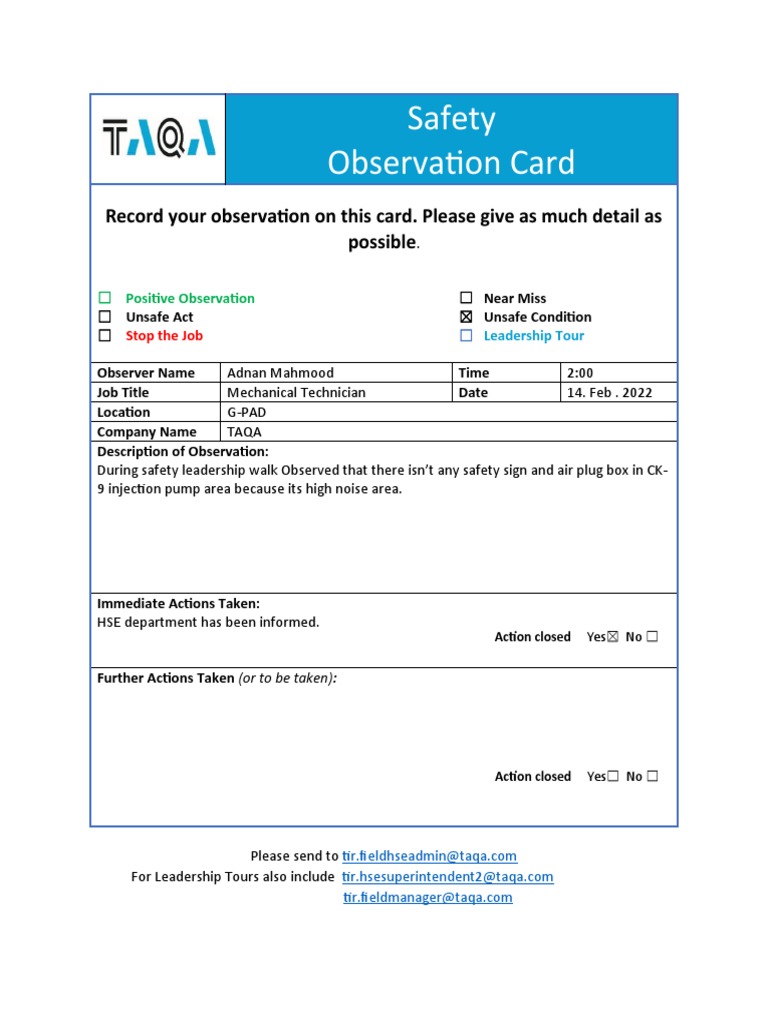 Safety Observation Card: Record Your Observation On This Card. Please ...