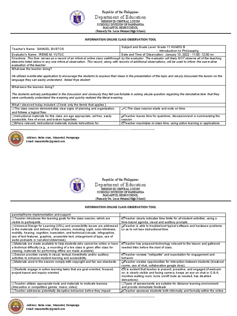 Informal Observation Tool | PDF | Learning | Teachers