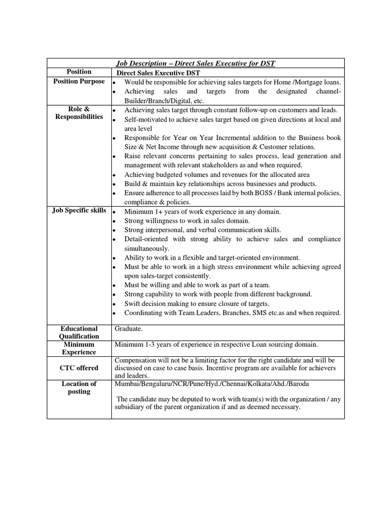 Job Description - Direct Sales Executive For DST | PDF | Sales | Business