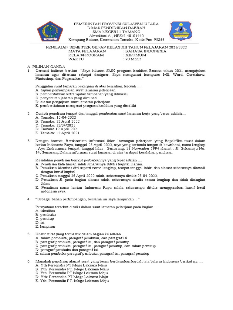 Contoh Soal Sem Vi 2021 2022 | PDF