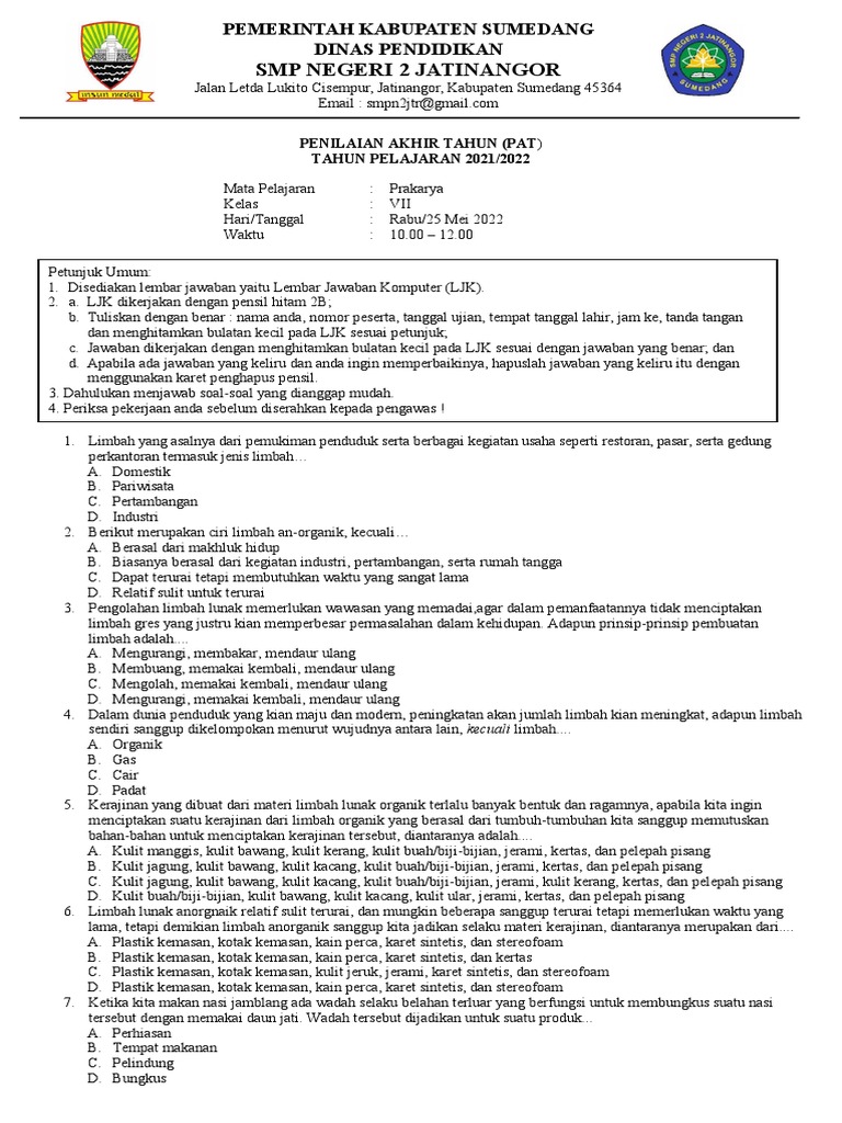 Soal Pat Prakarya KLS 7 SMT 2 | PDF