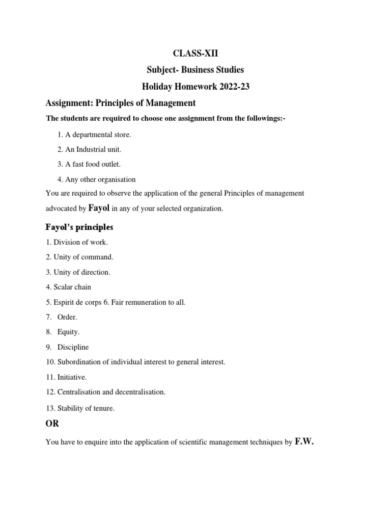 Class-Xii Subject-Business Studies Holiday Homework 2022-23 Assignment ...