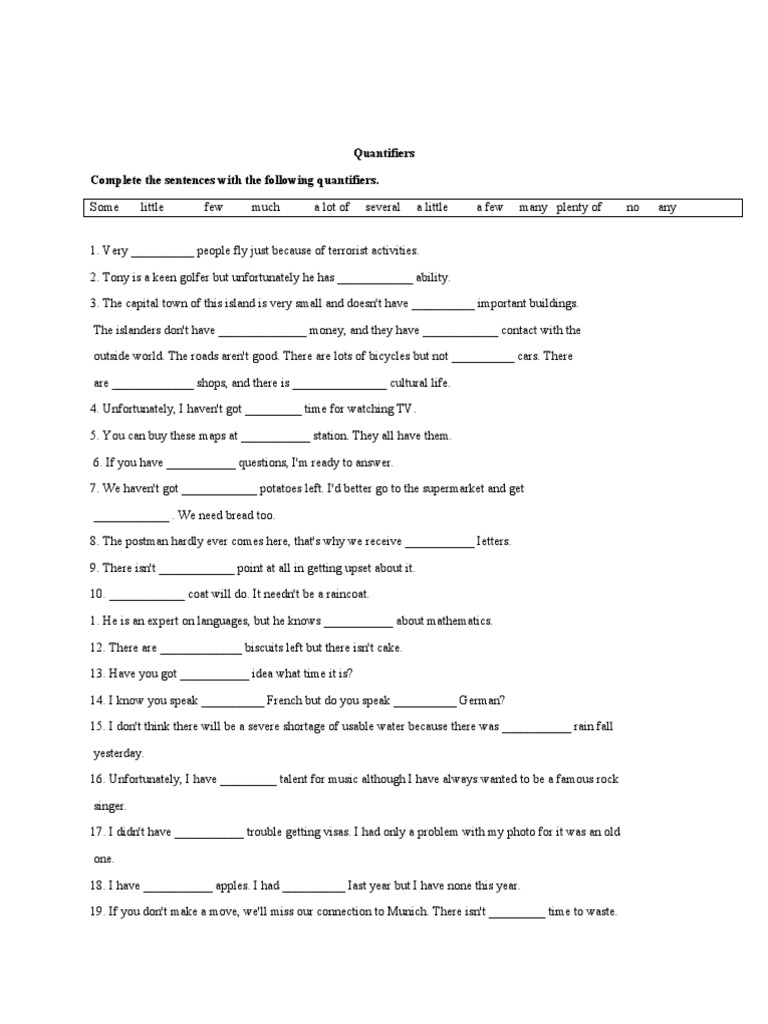 Quantifiers Complete The Sentences With The Following Quantifiers | PDF