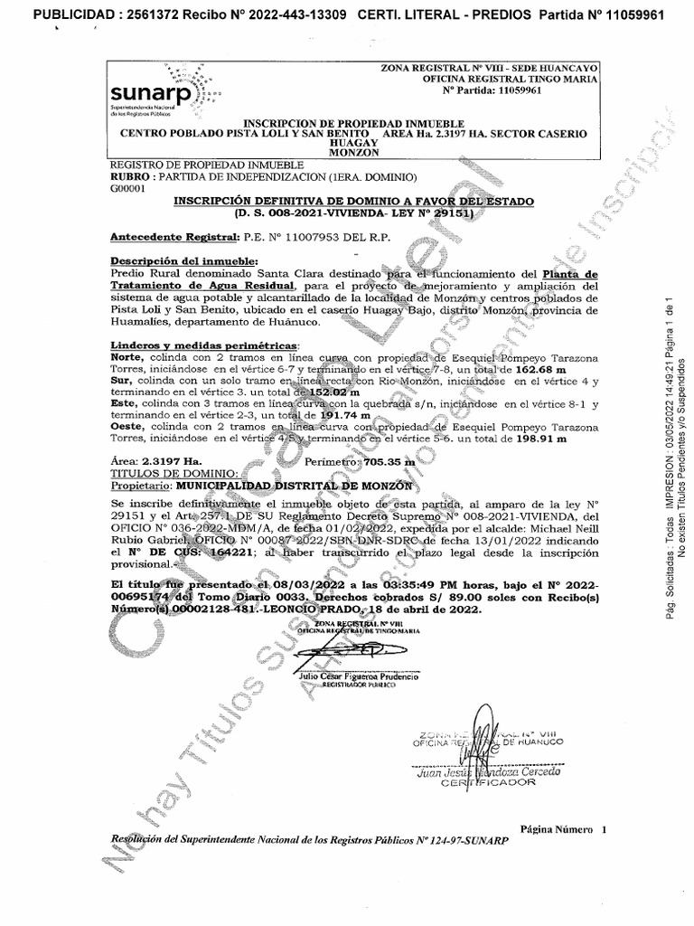 Sunarp Certificado Literal | PDF