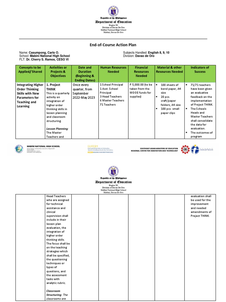 GURO21 - End-Of-Course Action Plan - G21C2 - CASUMPONG | PDF | Teachers ...