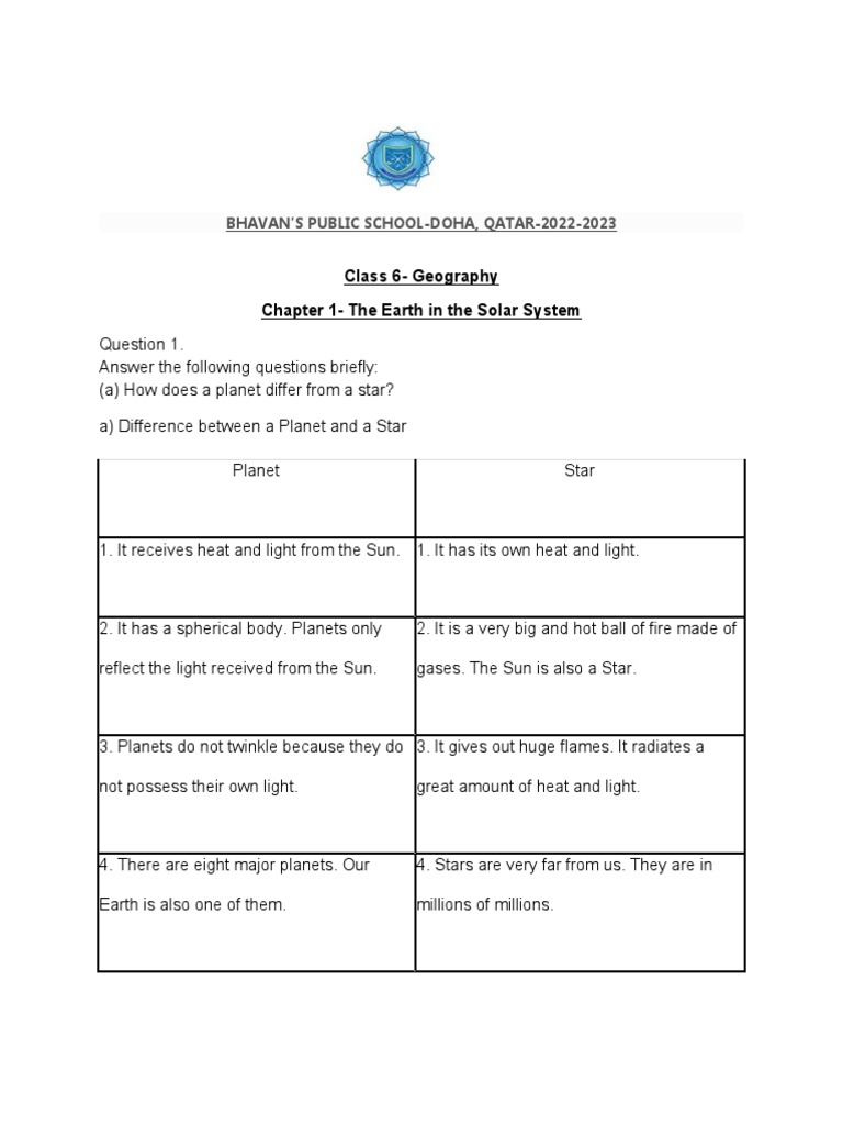 Class 6 Geography Chapter 1 The Earth in The Solar System | PDF ...