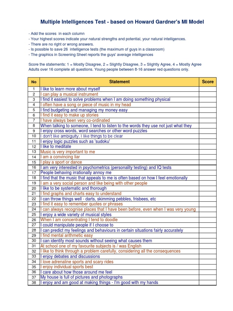 Multiple Intelligences Test - Based On Howard Gardner's MI Model | PDF ...