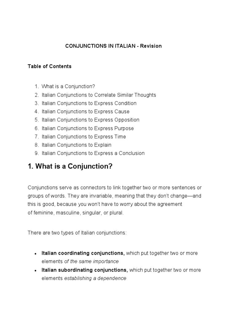 CONJUNCTIONS IN ITALIAN - Revision | PDF | Grammatical Gender | Grammar