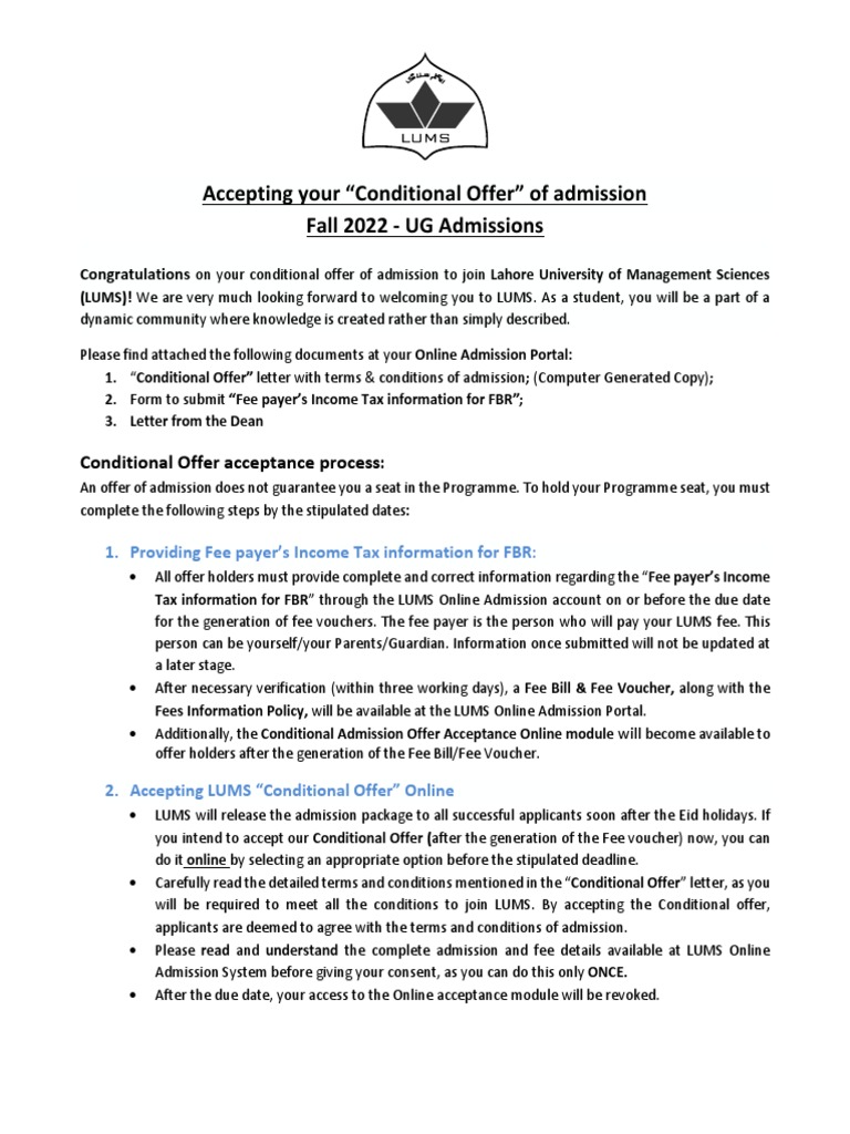 Accepting LUMS Conditional Offer 2022 | PDF | University And College Admission | Fee