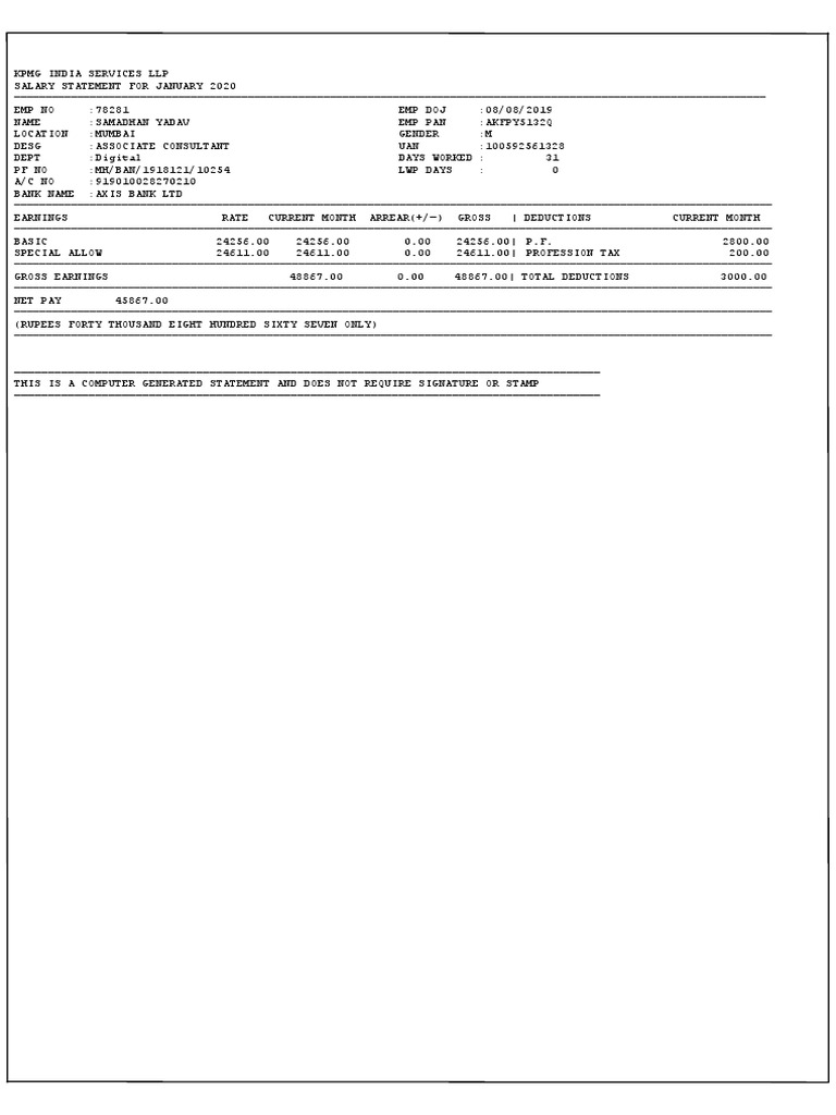 KPMG 78281 Jan 2020 Payslip 78281 | PDF | Finance & Money Management