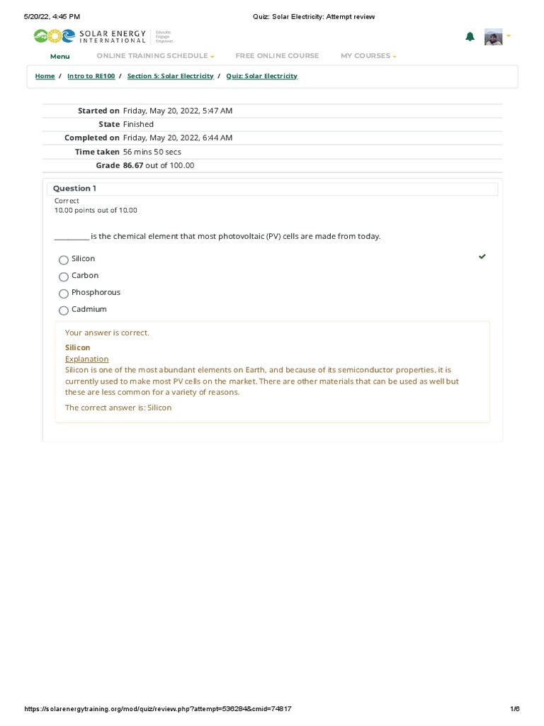 Quiz - Solar Electricity - Attempt Review | PDF | Photovoltaics | Solar ...