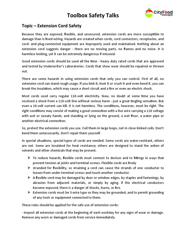 Toolbox Safety Talks - Extension Cord Safety | PDF | Rope | Electrical ...