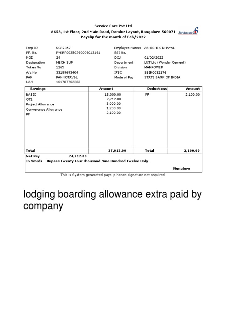 February 2022 Salary Slip - Service Care | PDF
